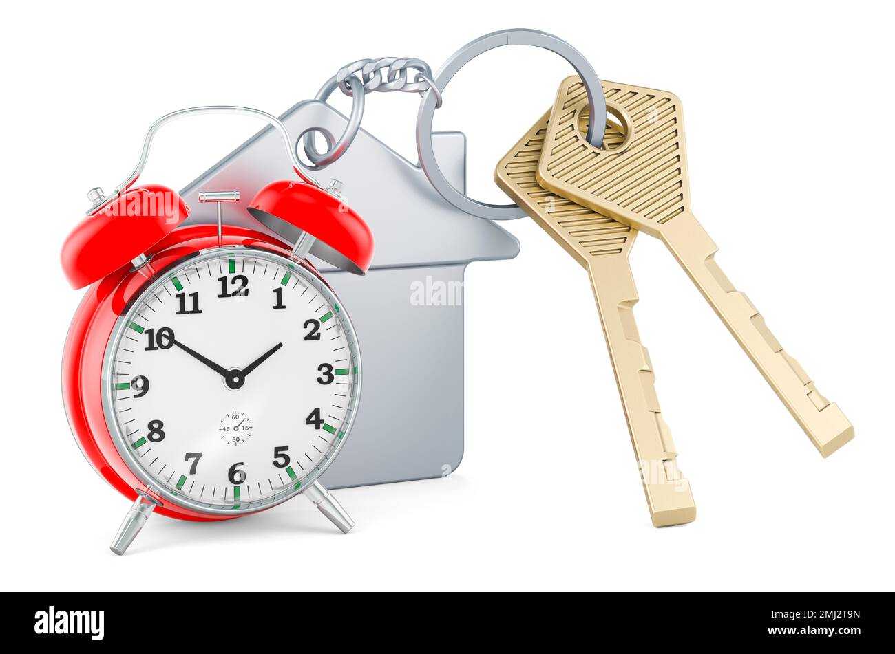 Home key with keychain with alarm clock. 3D rendering isolated on white ...