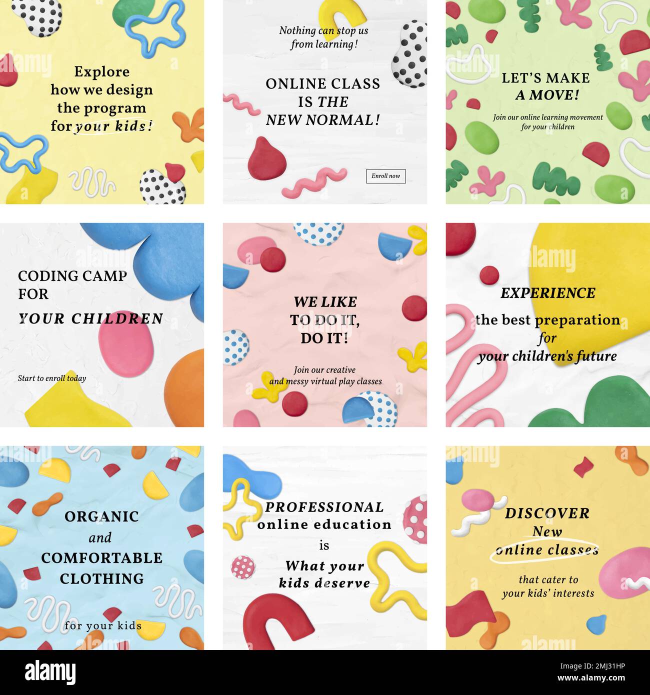 Kids online course template vector plasticine clay patterned social ...