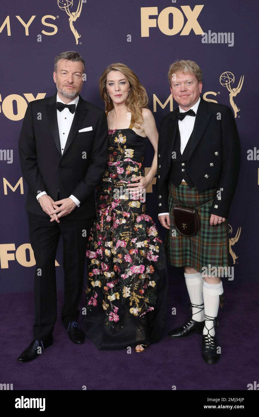 Charlie Brooker, from left, Annabel Jones, and Russell McLean arrive at ...
