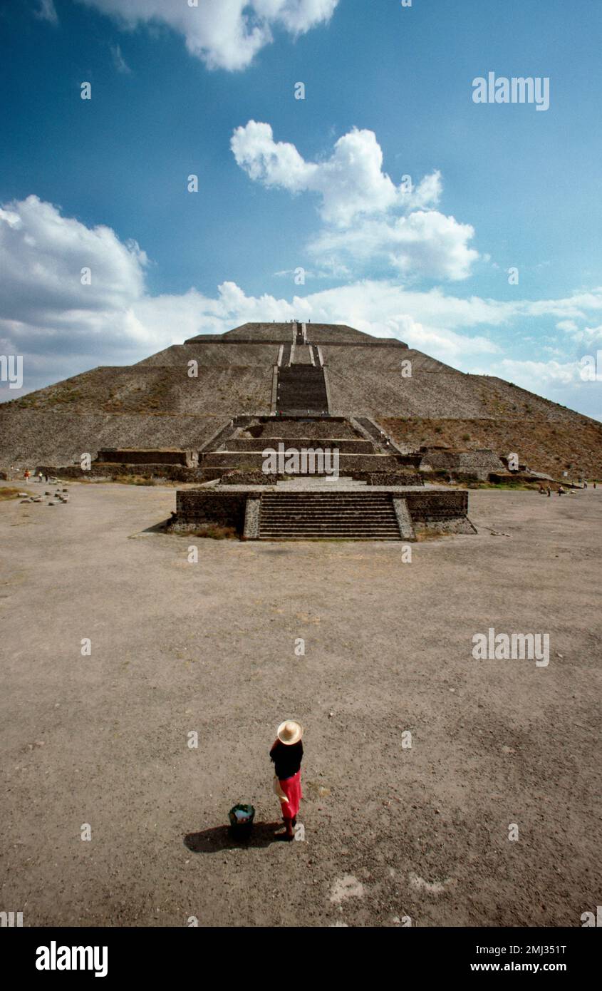 A Mexican Indian woman reflects upon the Pyramid of the Sun Stock Photo ...