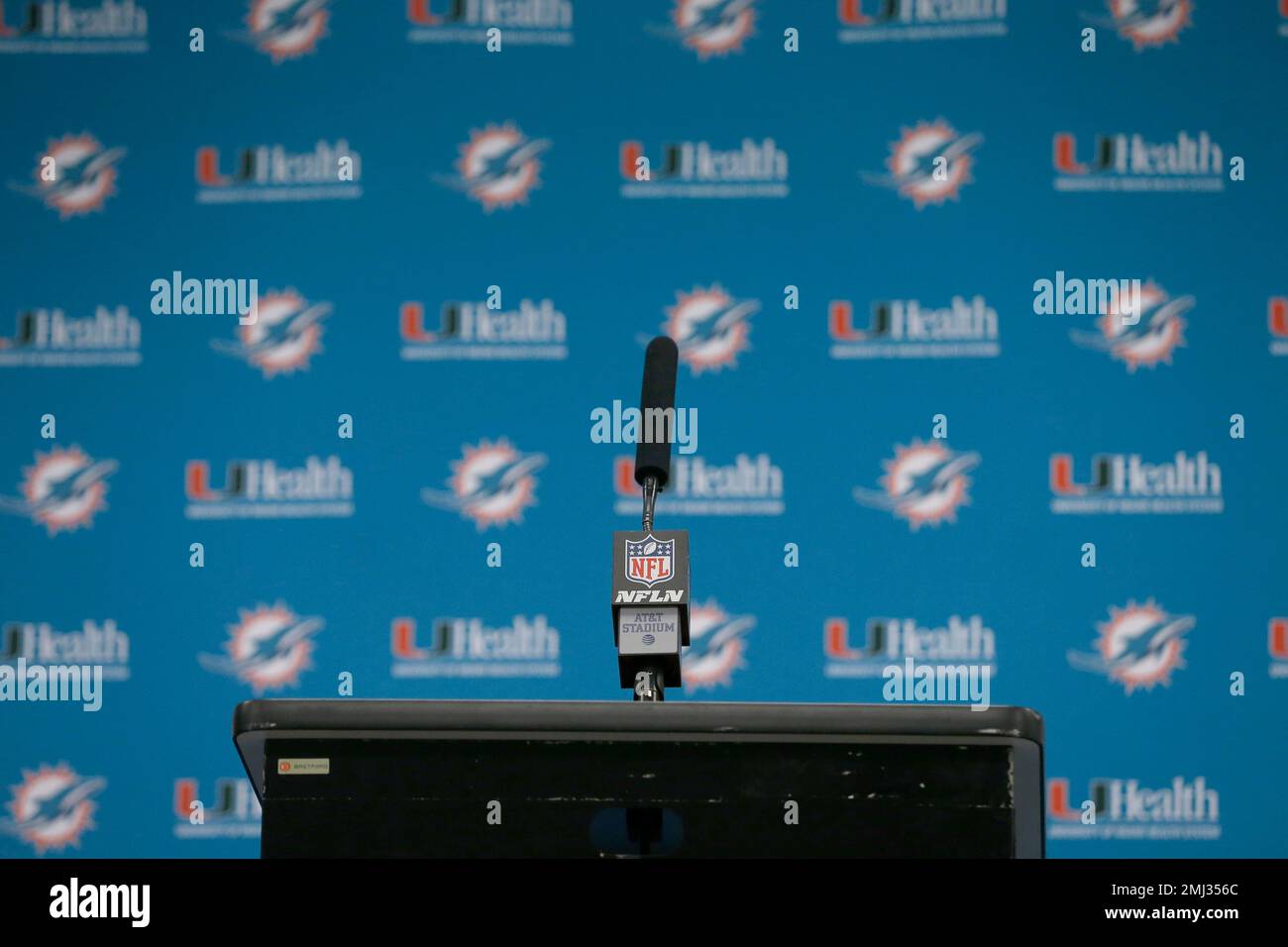An NFL Network microphone sits on a podium in the visitors interview ...