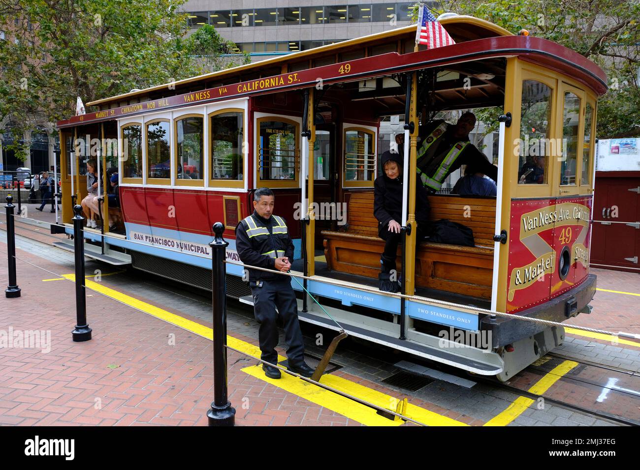 A California Street cable car operator pulls a lever before the car ...