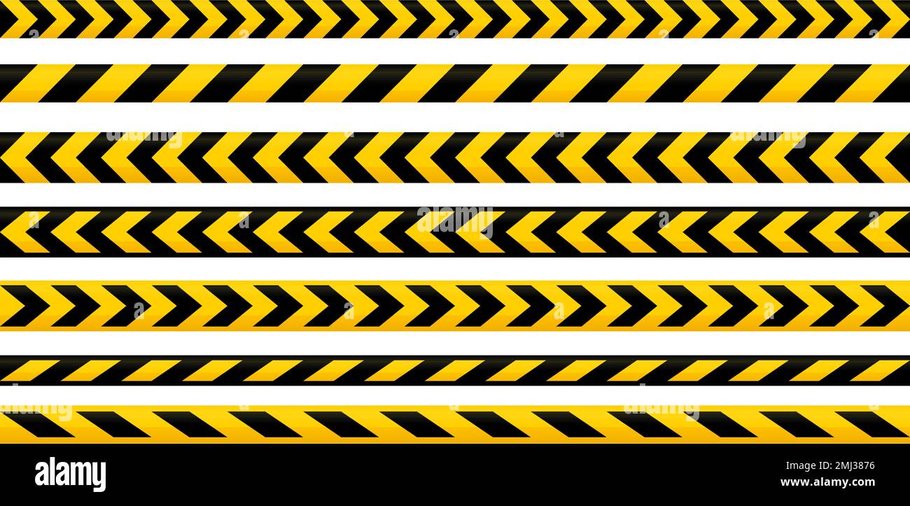 Caution tape set. Yellow and black warning stripes collection. Repeating construction, hazard ...