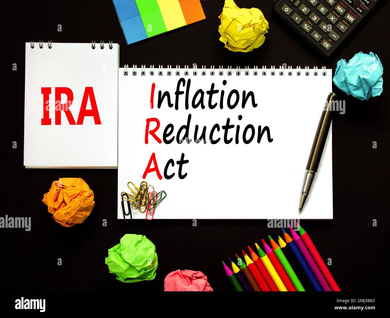 IRA inflation reduction act symbol. Concept words IRA inflation reduction act on white note on a ...