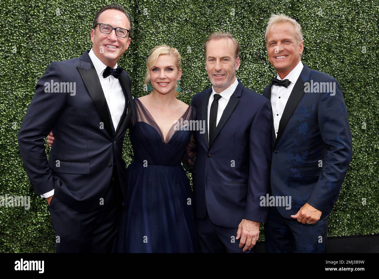 From left, Charlie Collier, Rhea Seehorn, Bob Odenkirk, and Parick Fabian arrive at the 71st ...