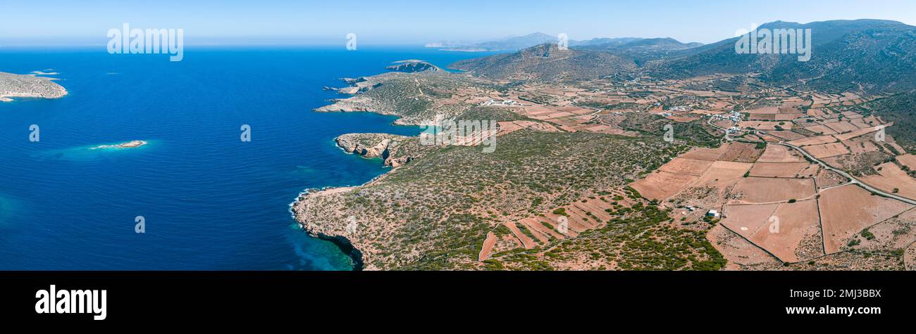 Aerial view of the coast of Amorgos Island, Cyclades Island, Aegean Sea ...