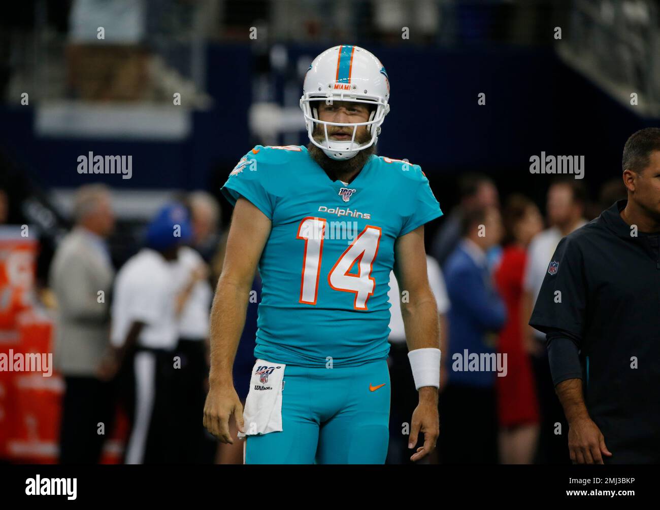Miami Dolphins quarterback Ryan Fitzpatrick (14) watches warmups prior ...