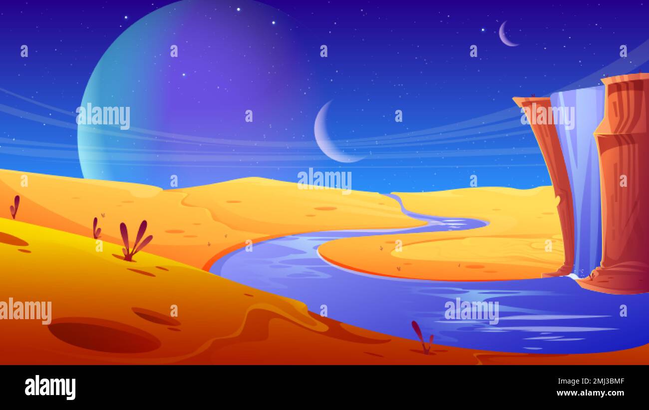 Alien planet with waterfall and desert river. Vector cartoon ...
