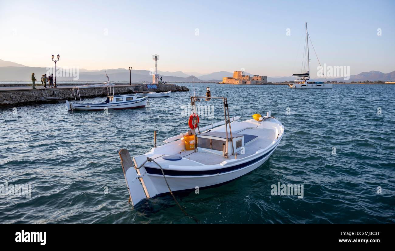 Port of Nafplio with Bourtzi Island Castle, Peloponnese, Greece Stock ...