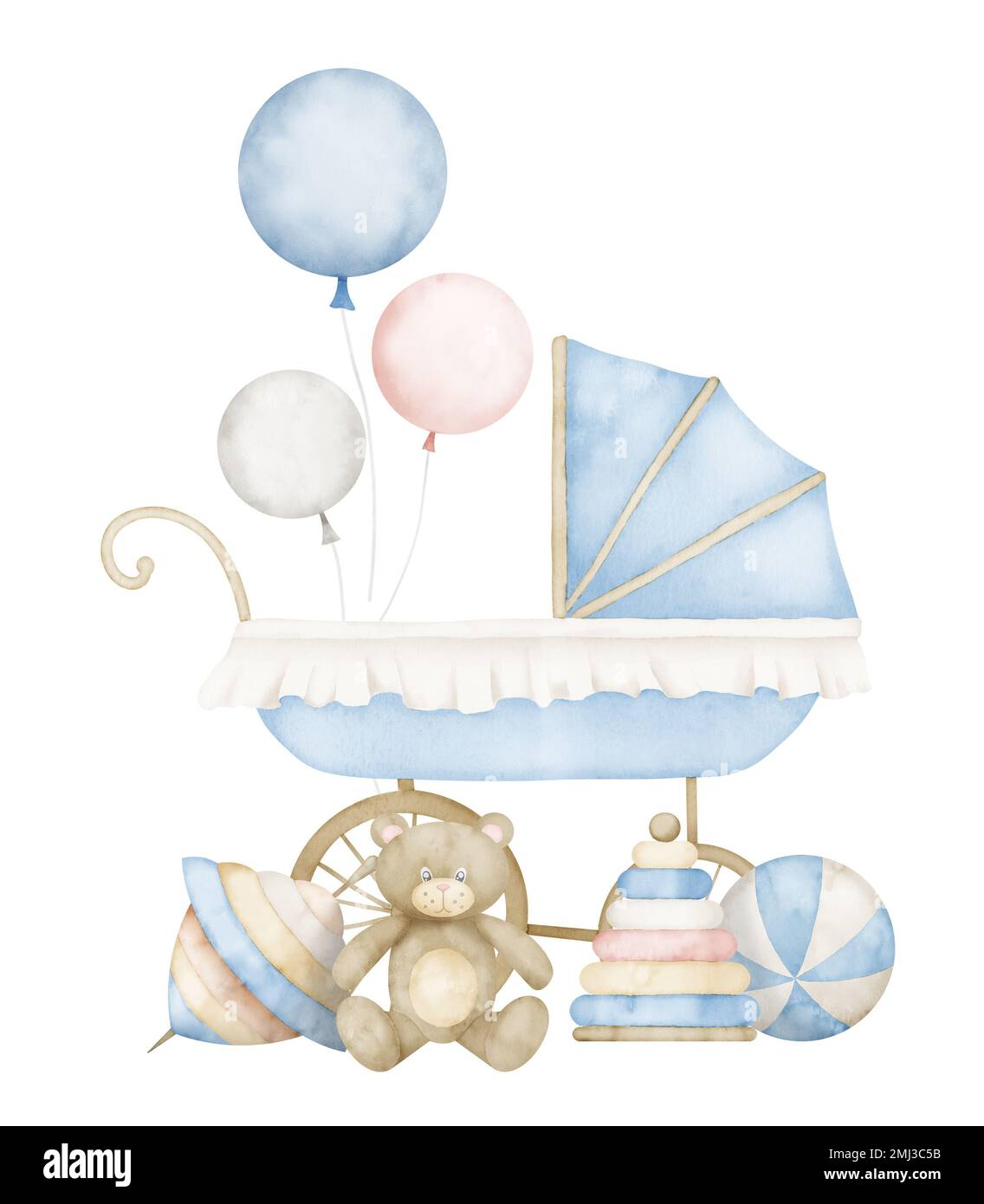 Newborn Baby Boy composition with Pram and kid Toys in pastel blue and ...