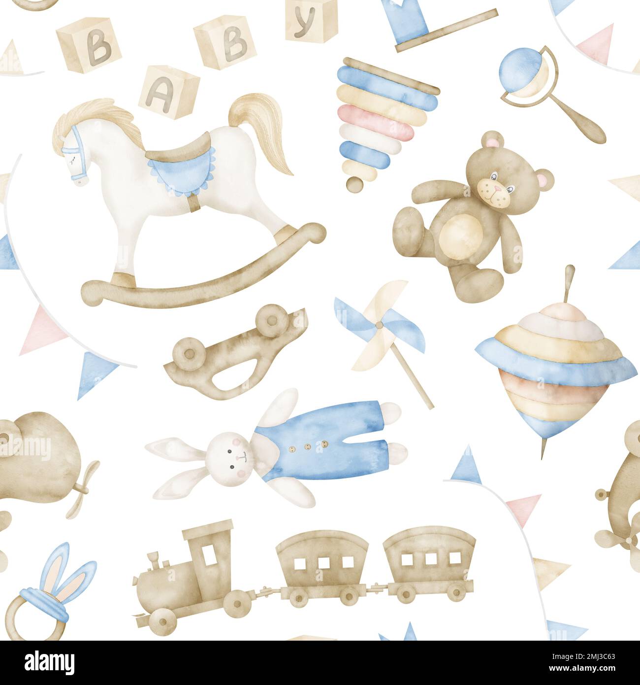 Seamless Pattern with Watercolor Baby Toys such as retro rocking horse ...