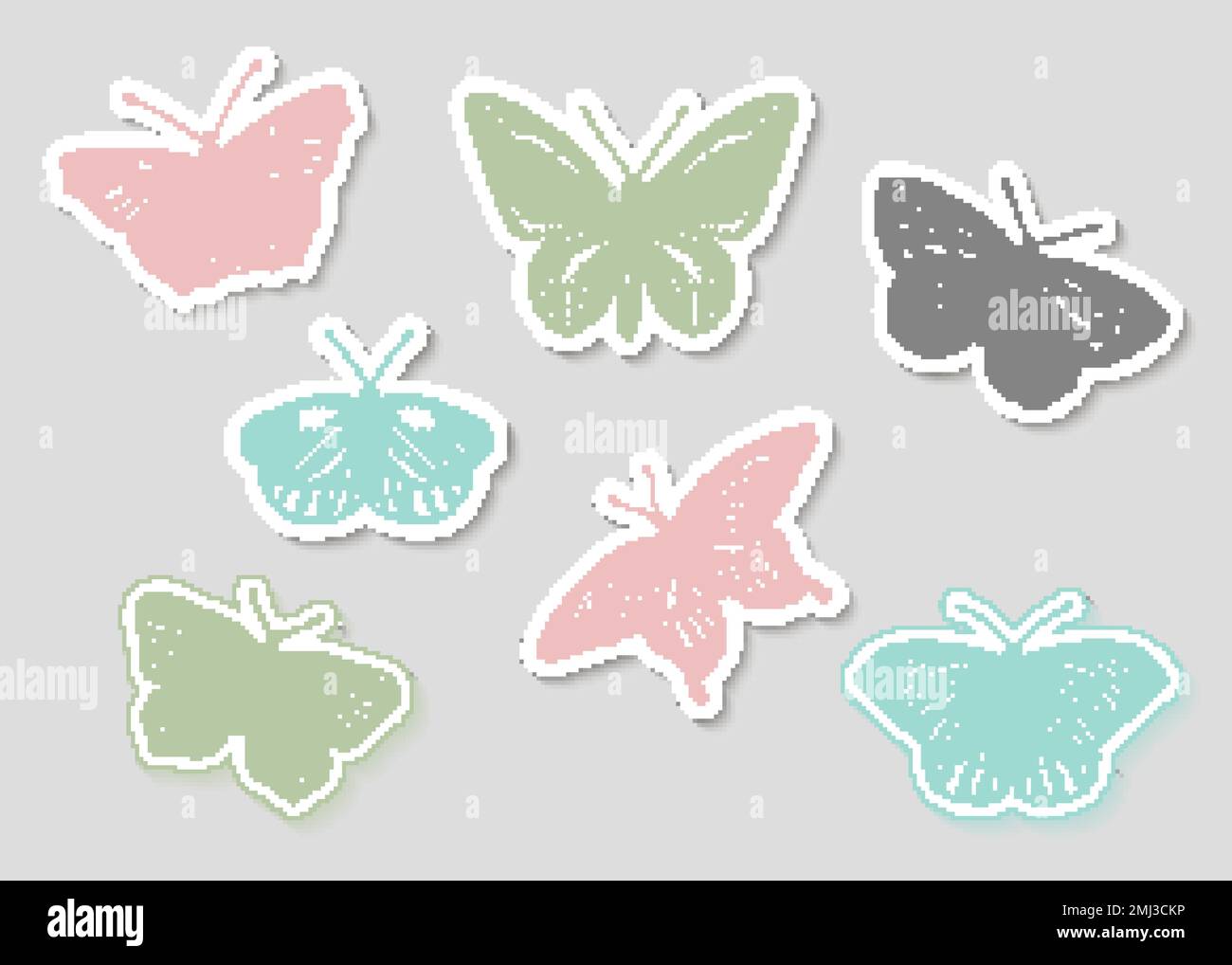 Vector set of hand drawn black and white stickers with butterflies ...