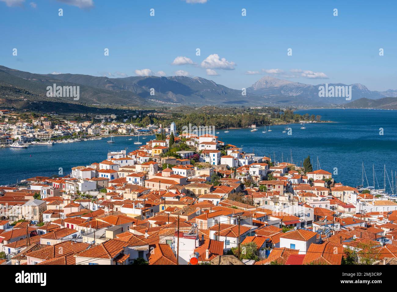Town view, Poros island with town and Peloponnesian coast with village ...