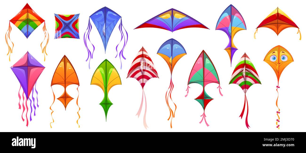 Kites icons, paper toys flying on wind in sky. Cute colorful kites ...