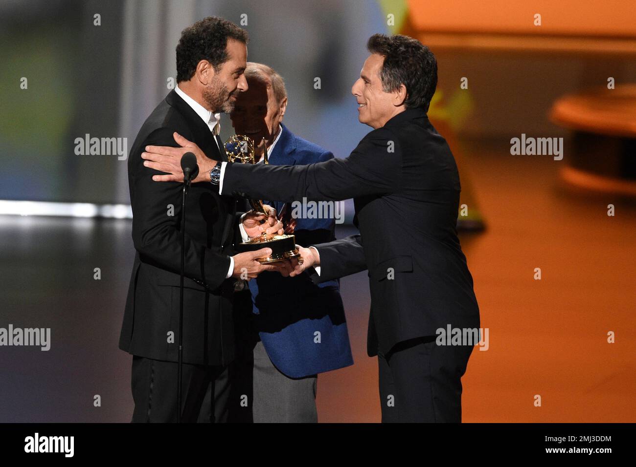 Ben Stiller, from right, and Bob Newhart present the award for ...