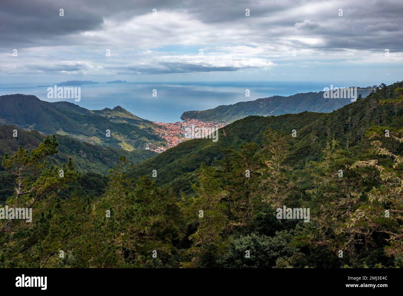 View over the forest and the town of Machico, Madeira, Portugal Stock ...