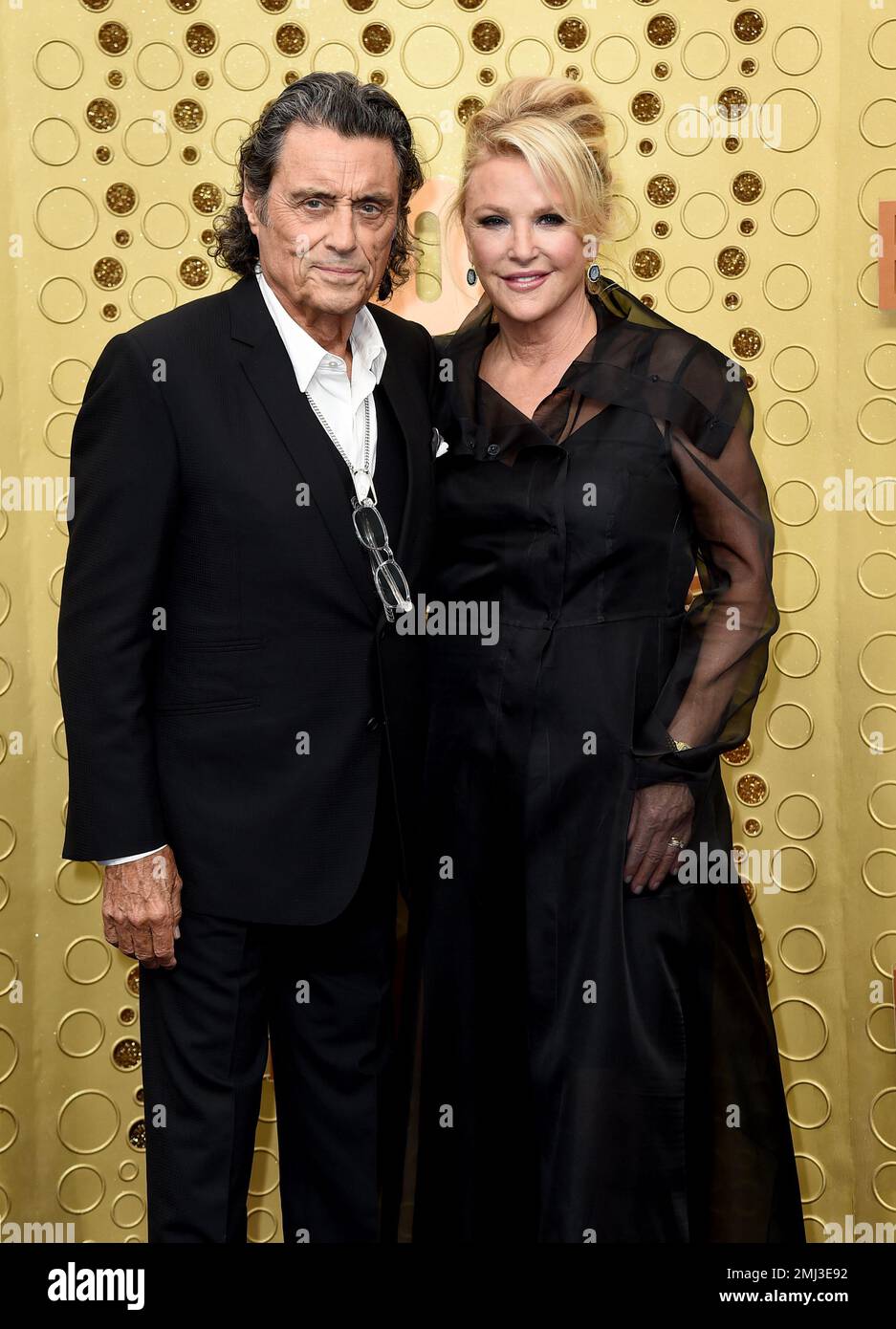Ian McShane, left, and Gwen Humble arrive at the 71st Primetime Emmy ...
