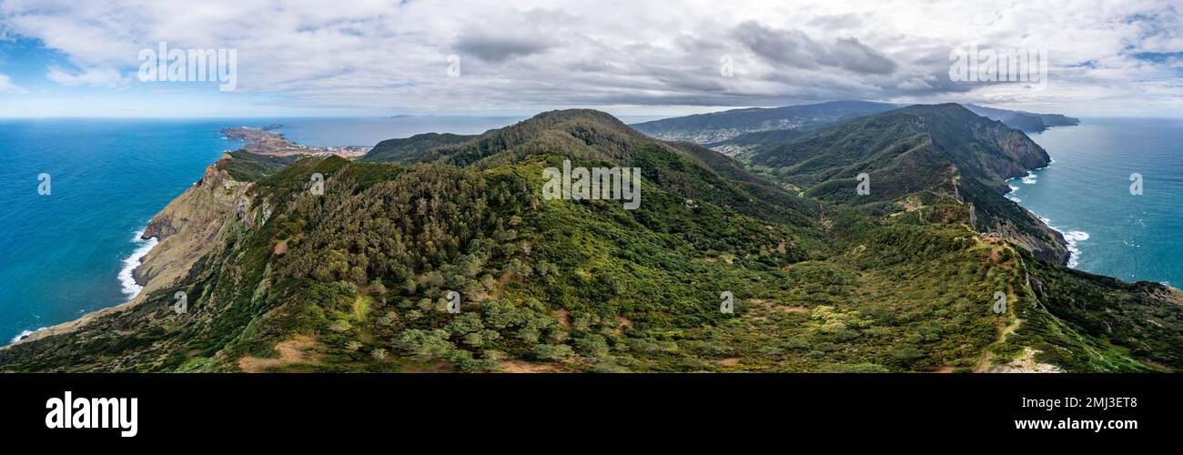 Aerial view, view of cliffs and mountains overgrown with forest, coast ...