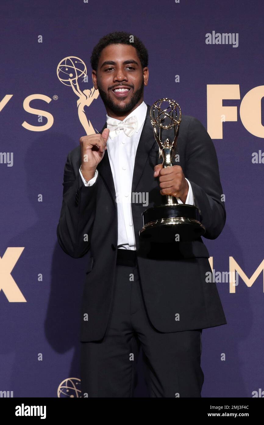 Jharrel Jerome poses in the press room with his award for outstanding ...