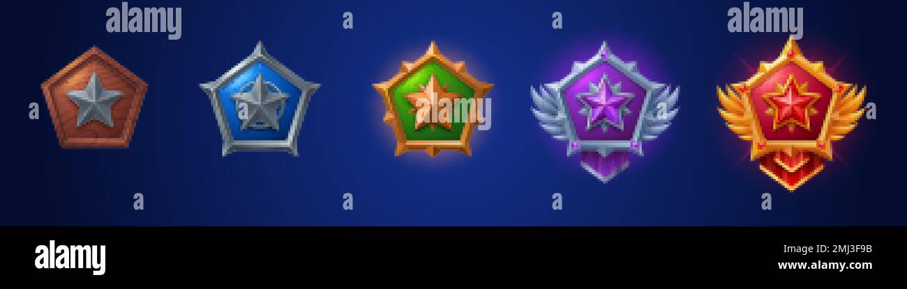 Cartoon set of game badges of different rank isolated on dark blue ...