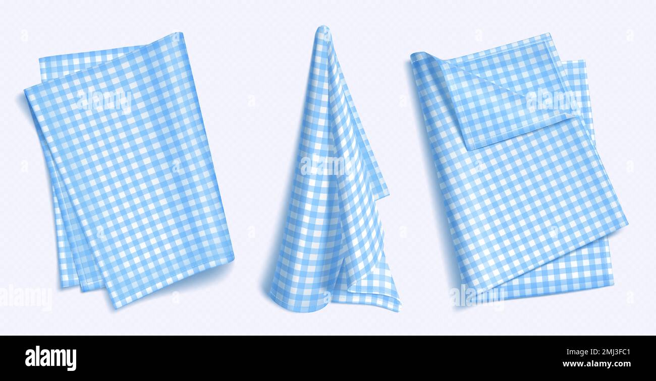 Set of blue checkered towels folded, hanging and top view isolated on ...