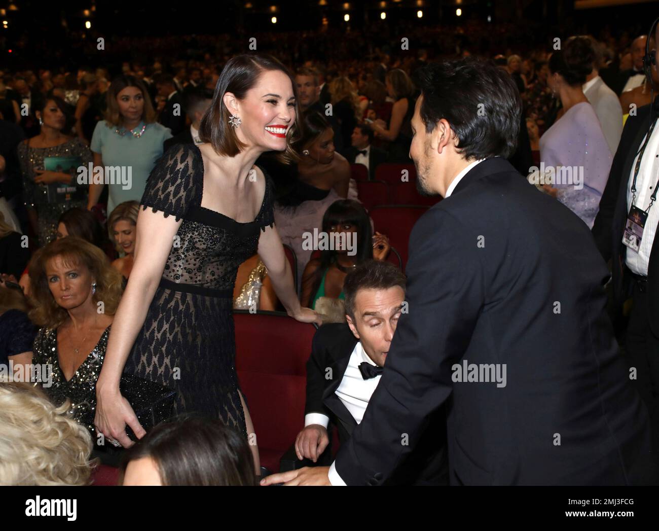 Leslie Bibb, left, and Lin-Manuel Miranda appear in the audience at the ...