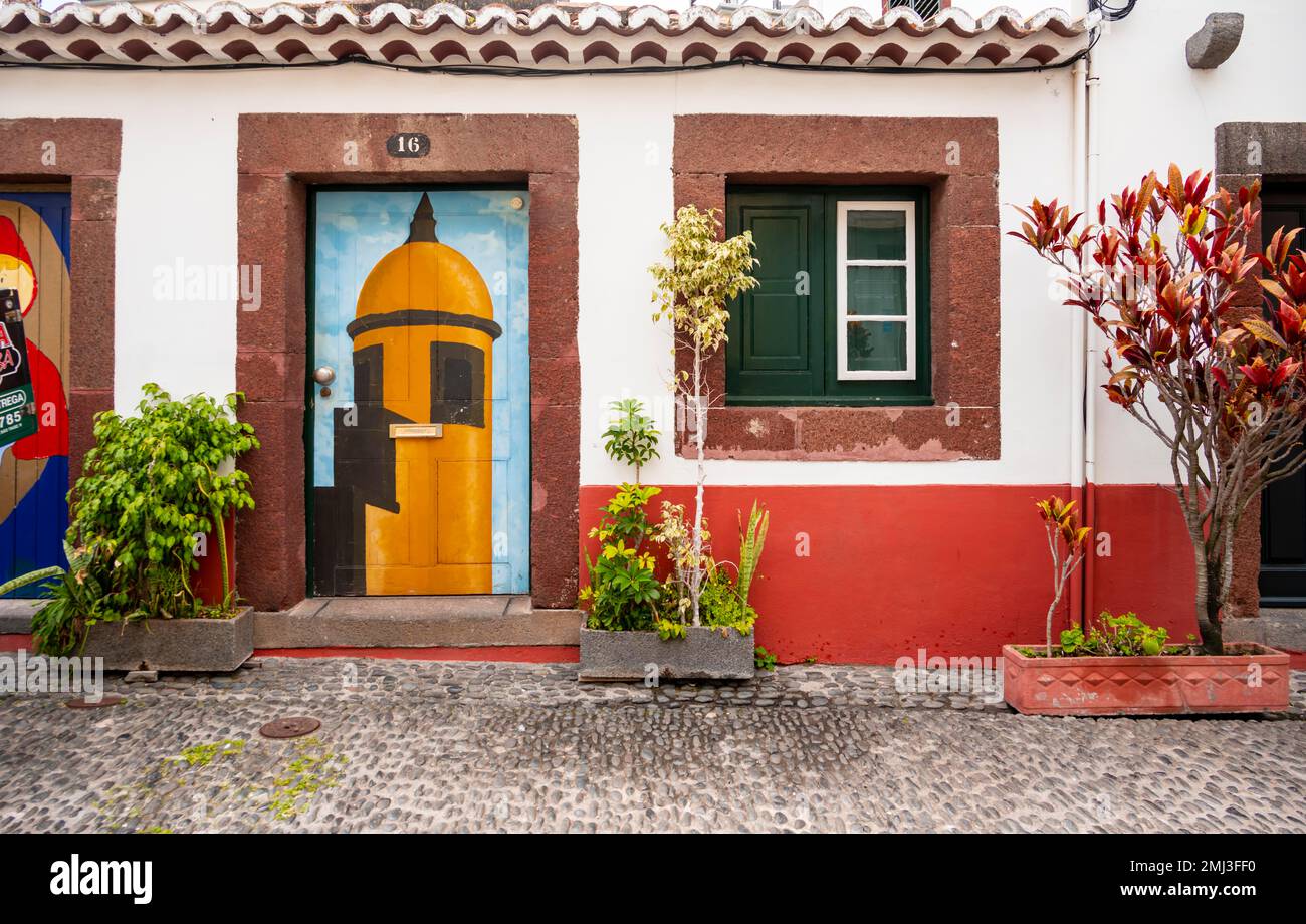 Painted door with a tower of Sao Tiago Fortress, Funchal, Madeira ...
