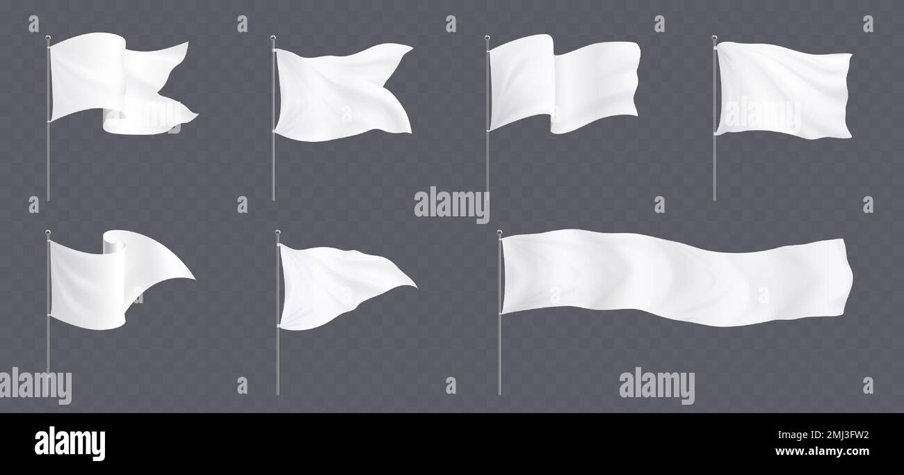 White flags and pennants on poles mockup. Blank fabric banners triangle ...