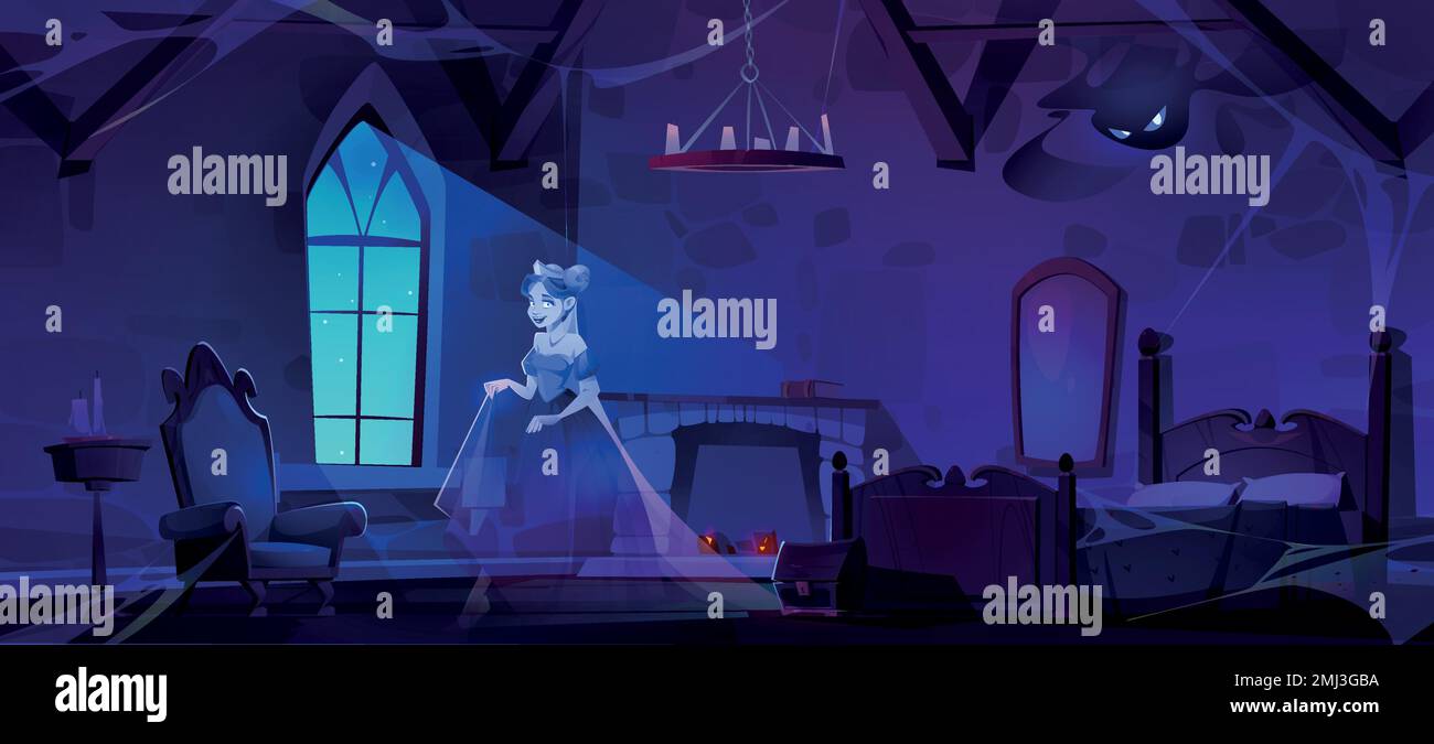 Ghost woman in haunted castle room at night. Vector cartoon ...