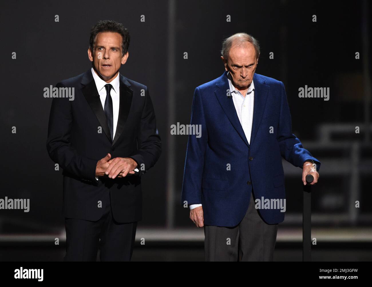 Ben Stiller, left, and Bob Newhart appear onstage at the 71st Primetime ...