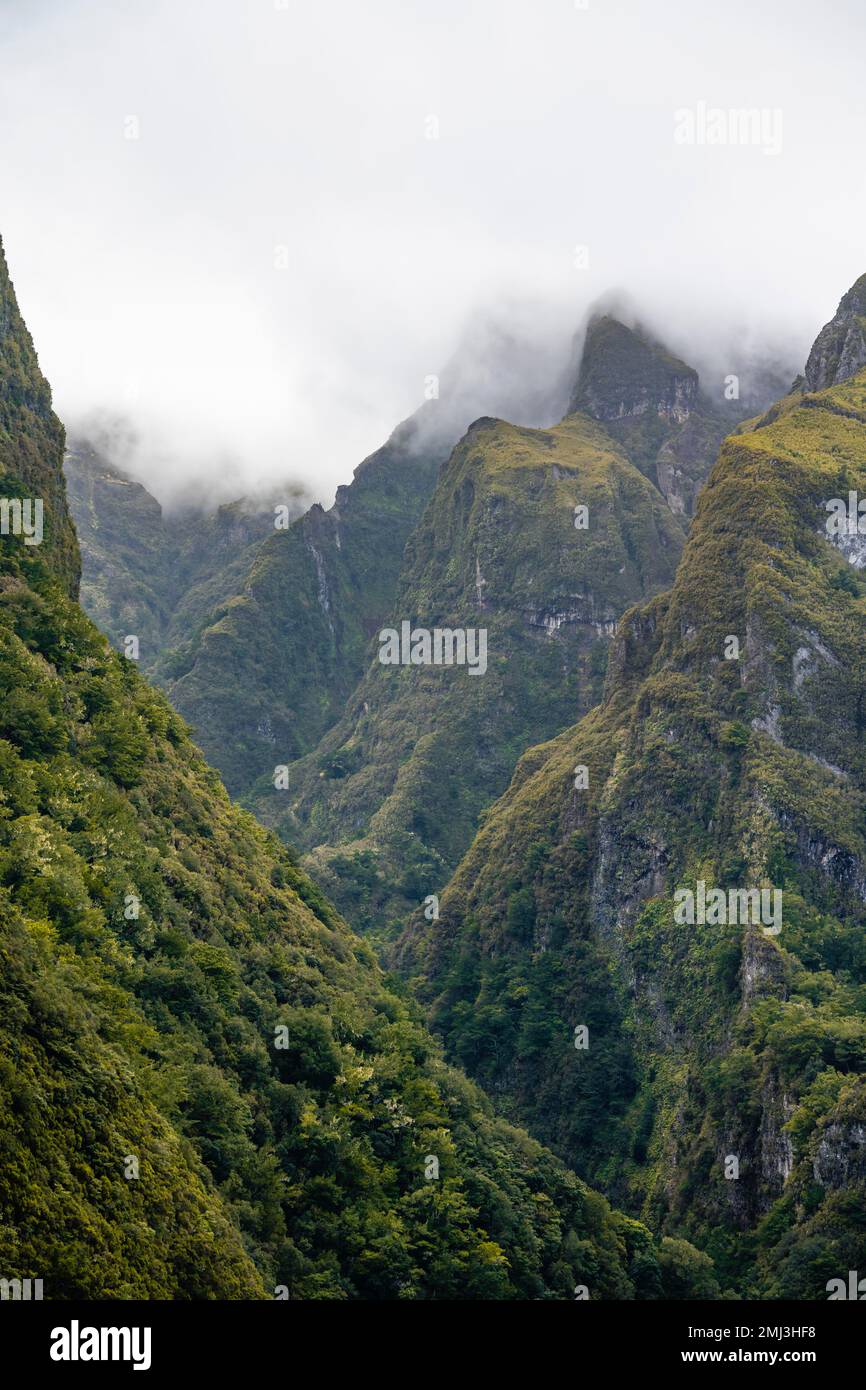Inland landscape, mountain valley with fog and forest at Caldeirao ...