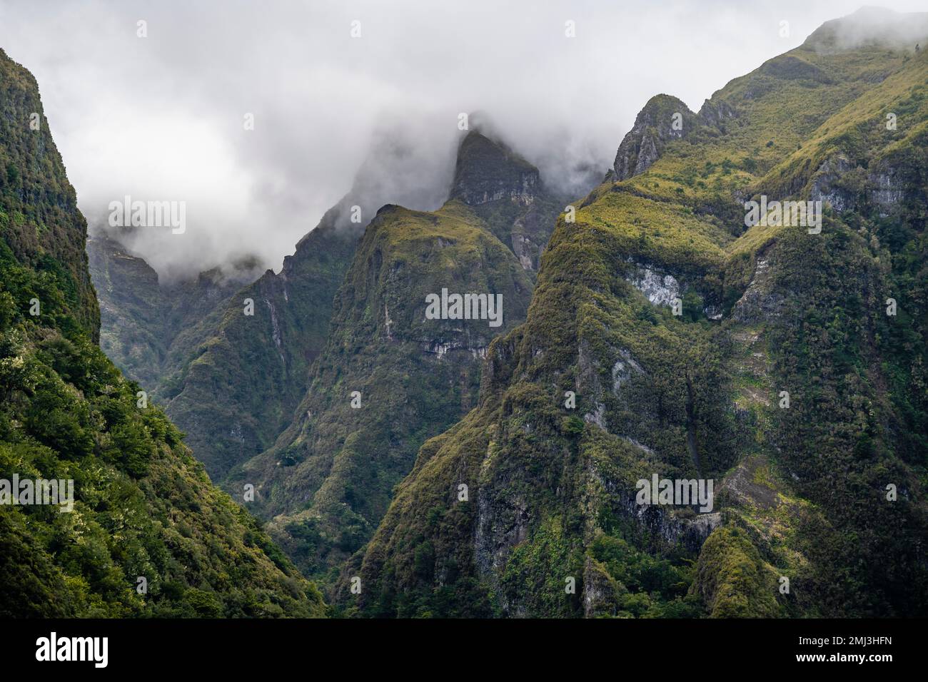 Inland landscape, mountain valley with fog and forest at Caldeirao ...