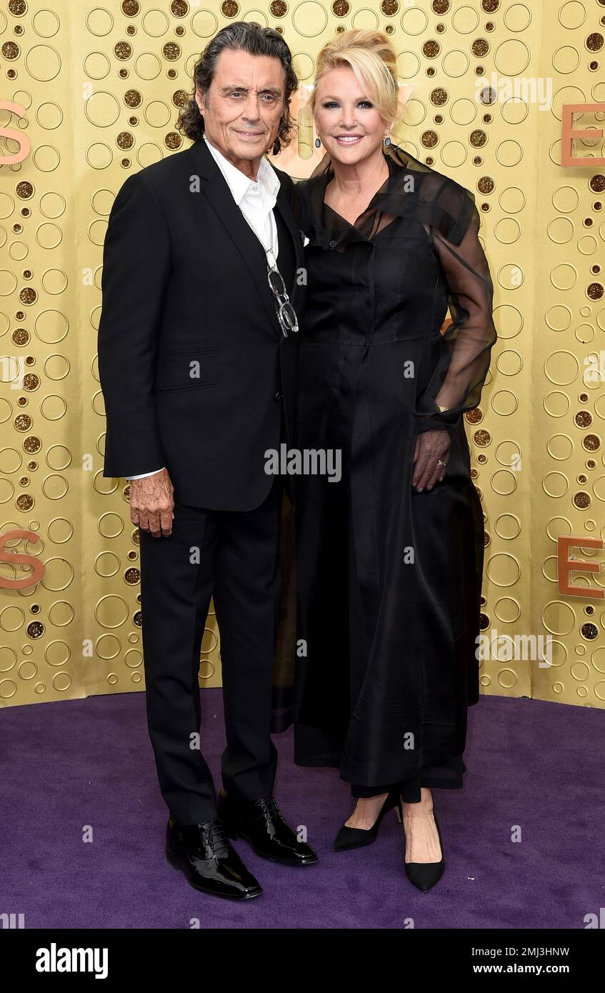 Ian McShane, left, and Gwen Humble arrive at the 71st Primetime Emmy ...