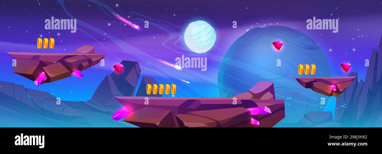 Space adventure game platforms with coins. Vector cartoon illustration of rocks with crystals ...