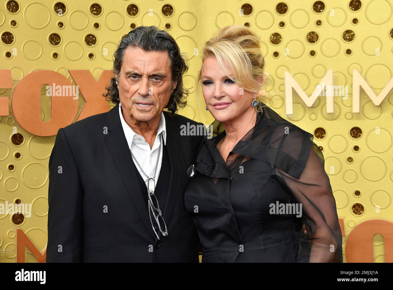 Ian McShane, left, and Gwen Humble arrive at the 71st Primetime Emmy ...