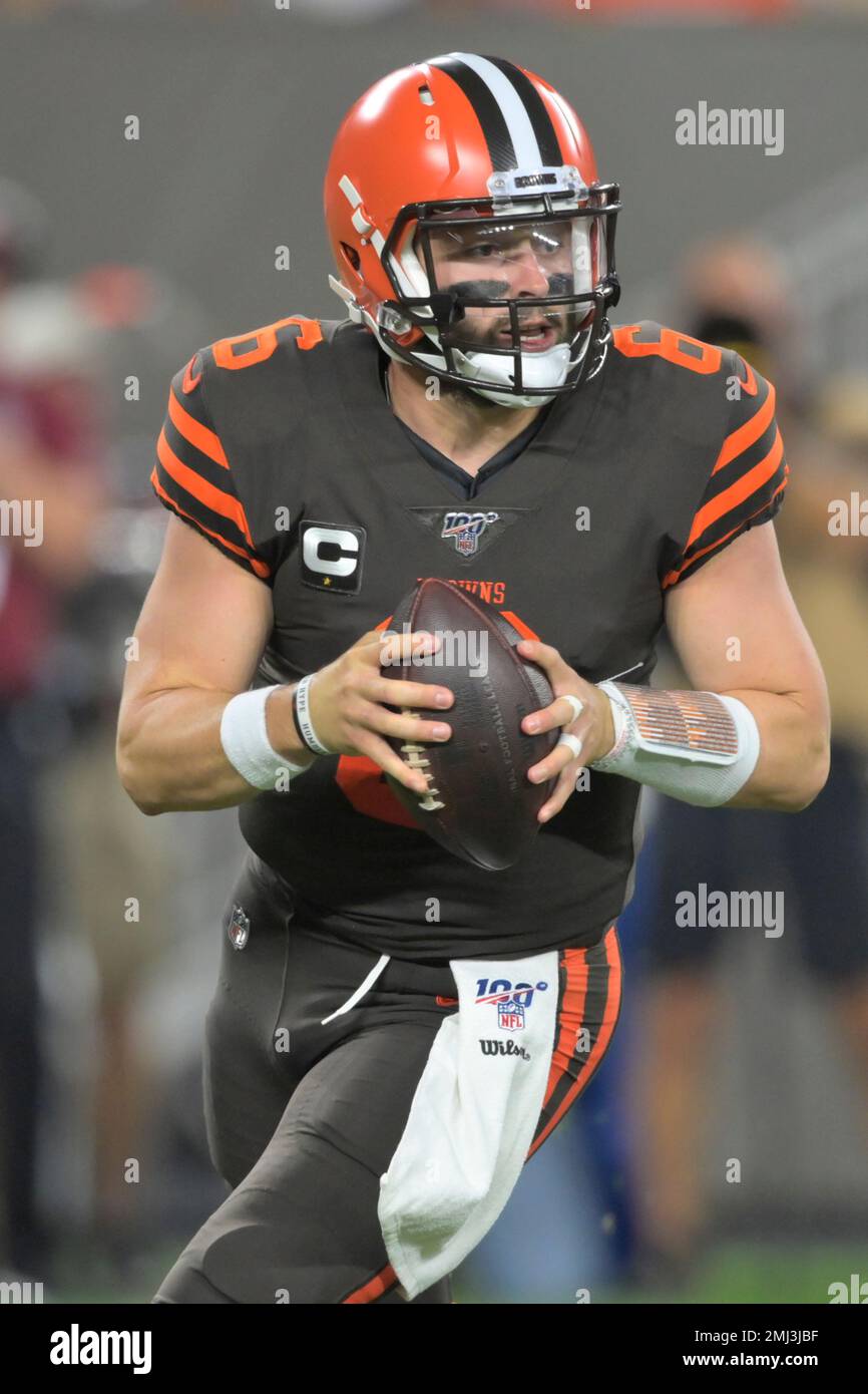 Cleveland Browns quarterback Baker Mayfield looks to throw during the ...