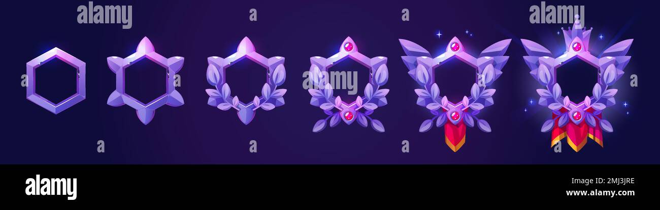 Purple hexagon frames of game avatars. Fantasy ranking badges with ...