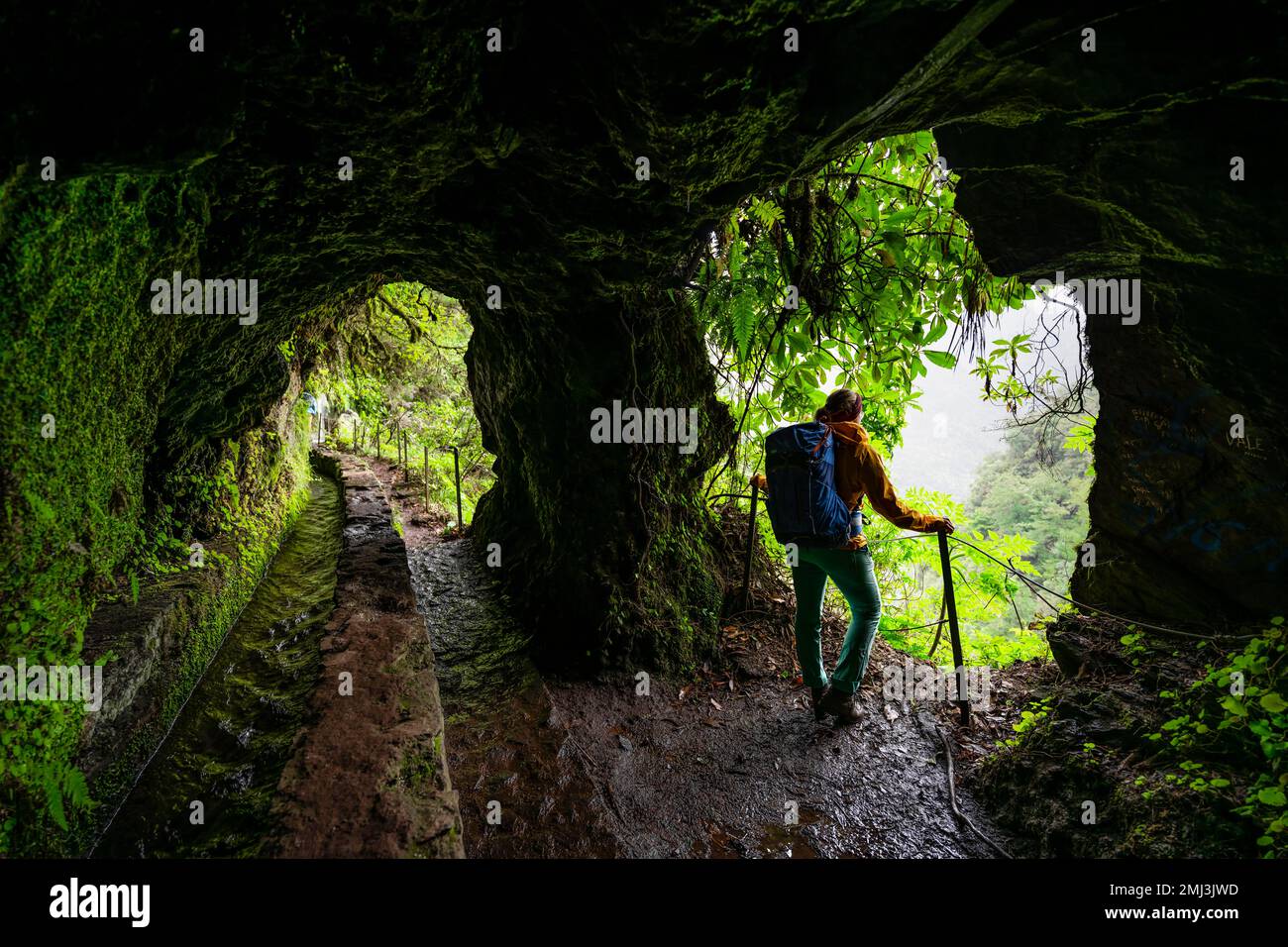 Hiker in a tunnel at PR9 Levada do Caldeirao Verde, Madeira, Portugal ...