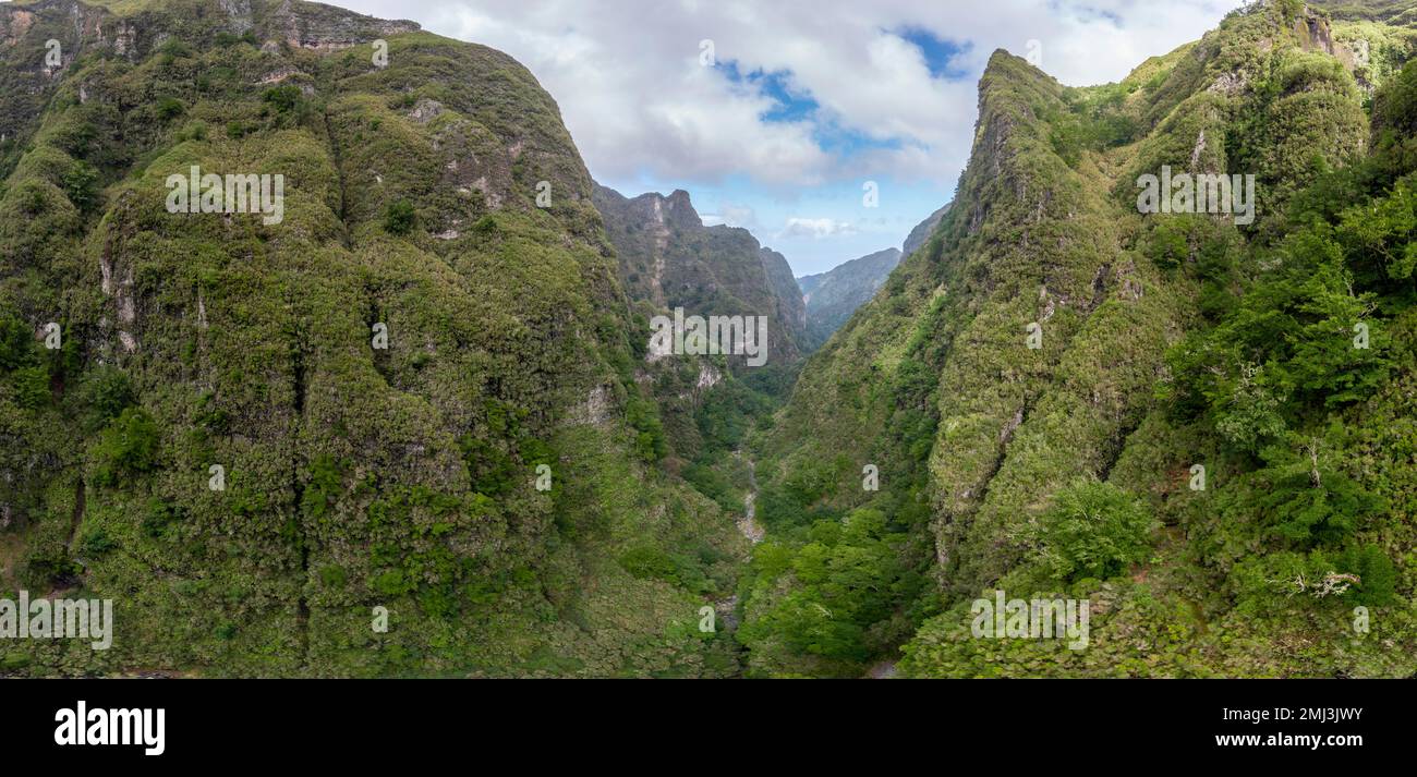 Inland landscape, mountain valley with forest at Caldeirao Verde ...