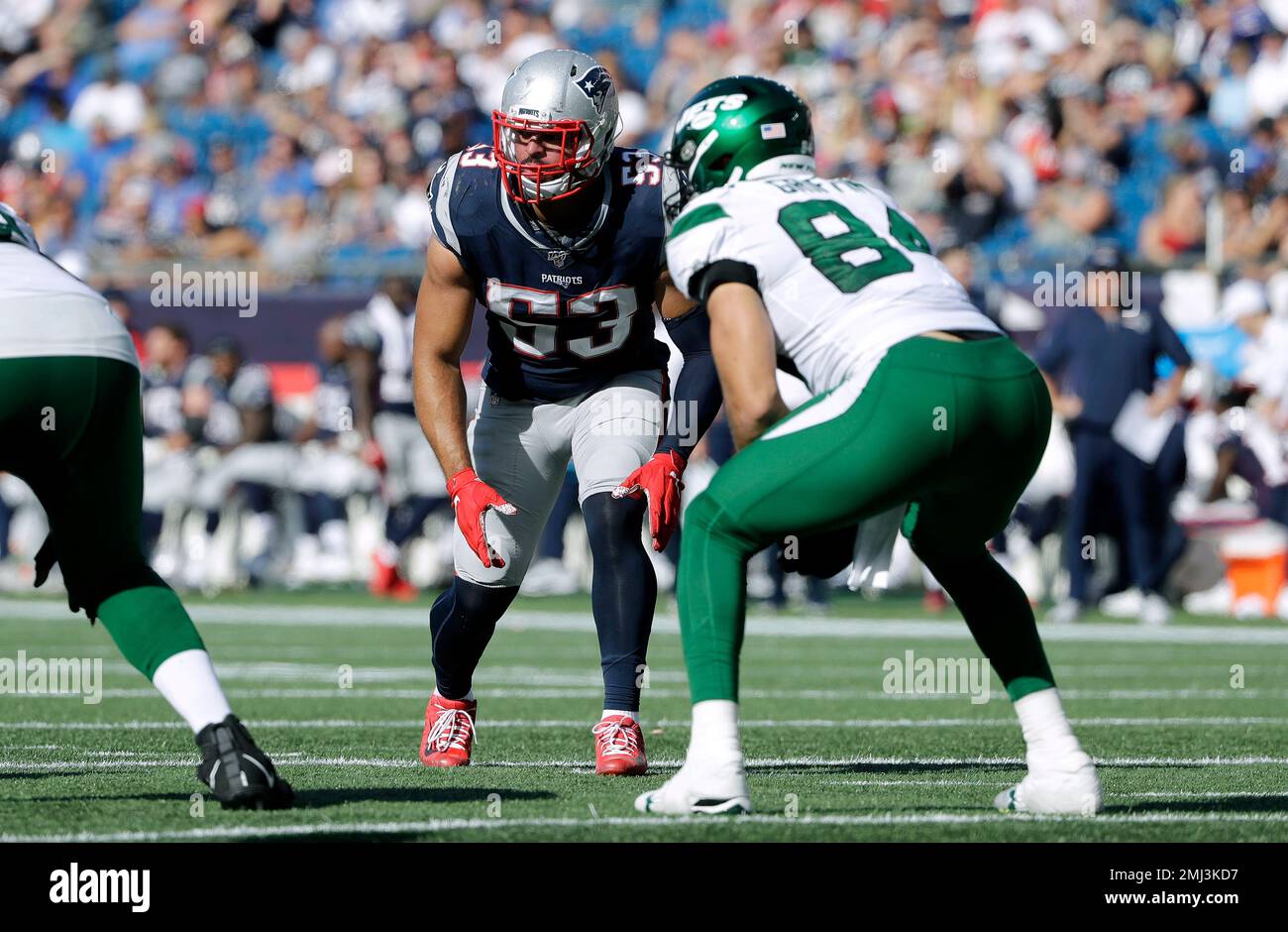 New England Patriots linebacker Kyle Van Noy (53) faces off across the ...
