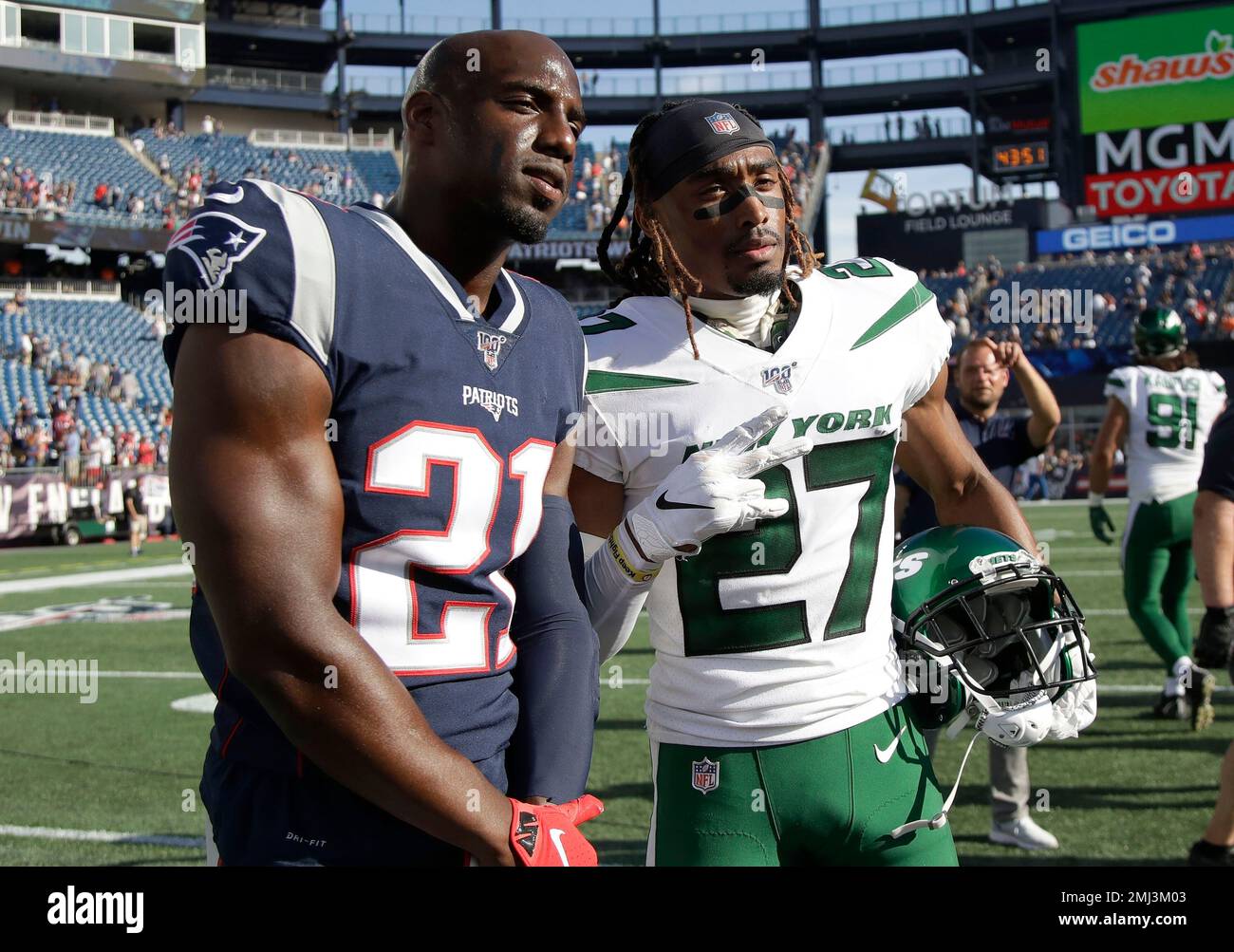 New England Patriots safety Duron Harmon (21) and New York Jets ...