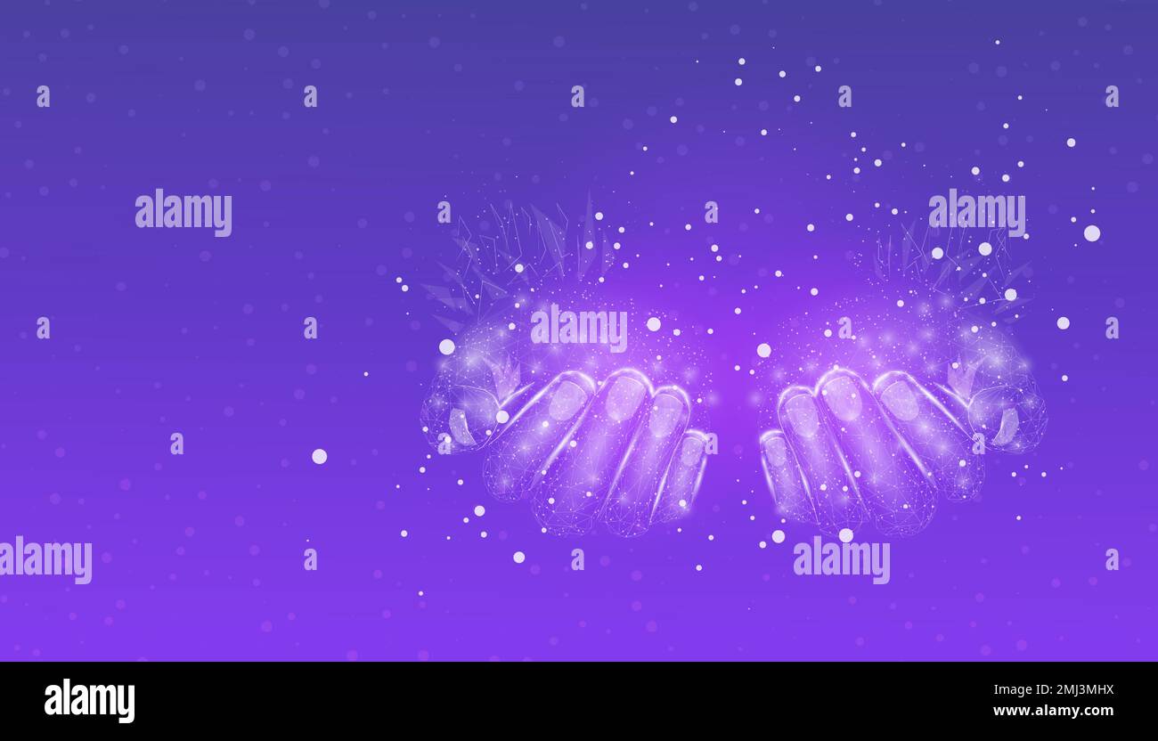 Two human hands. Wireframe glowing low poly hands. Design on purple ...