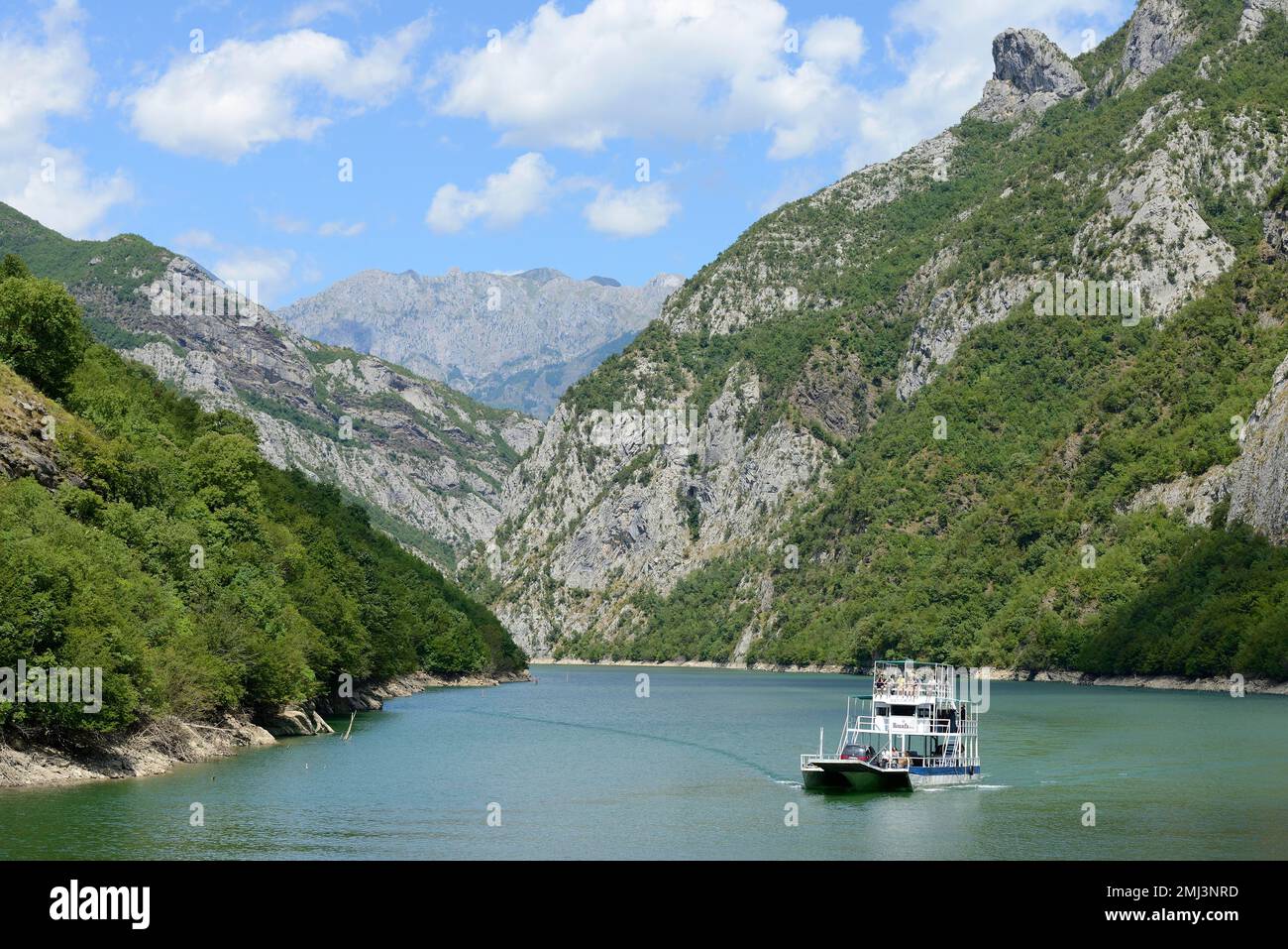 Car ferry on the dammed river Drin, Koman reservoir, Albania Stock ...