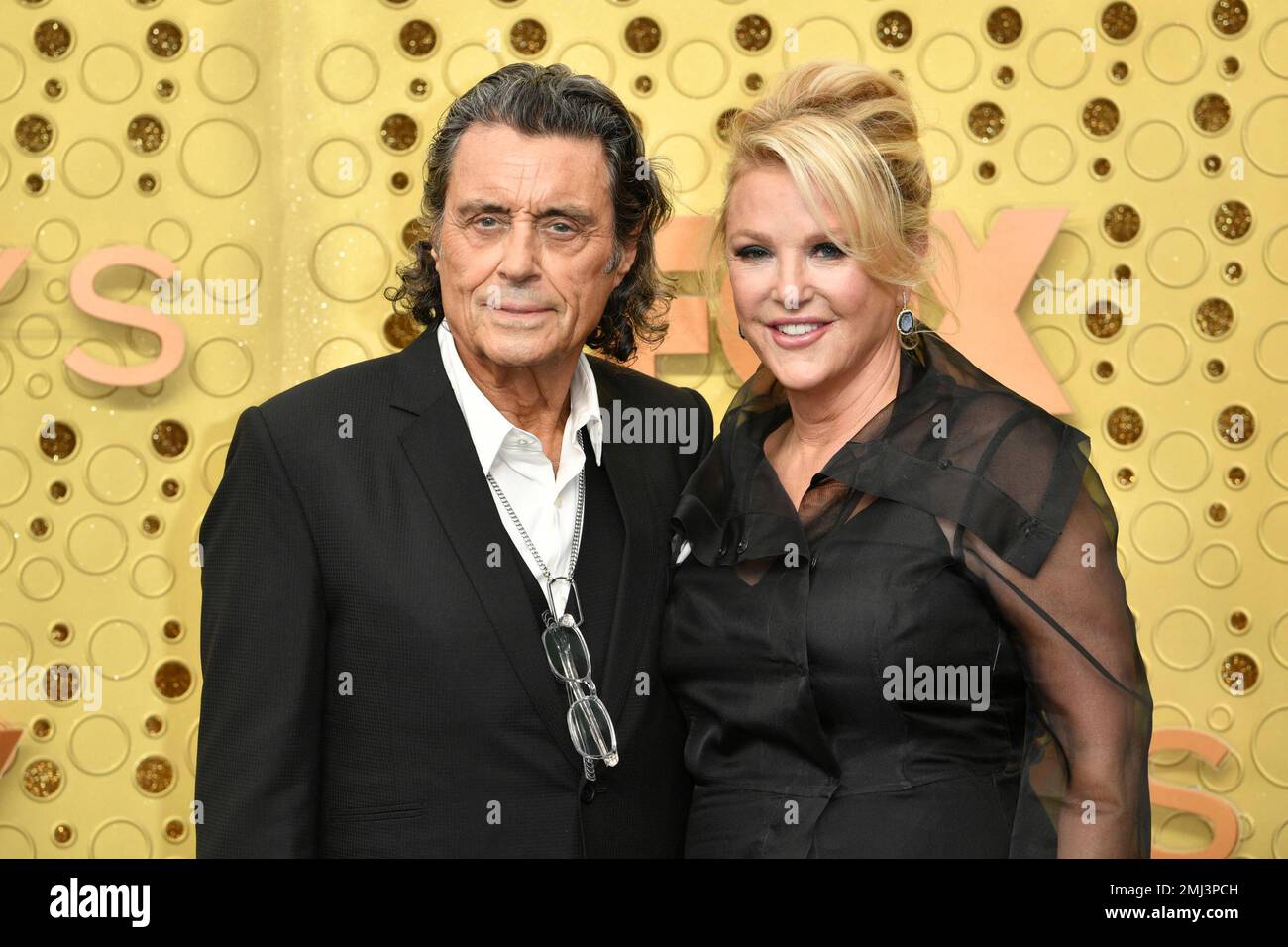 Ian McShane, left, and Gwen Humble arrive at the 71st Primetime Emmy ...