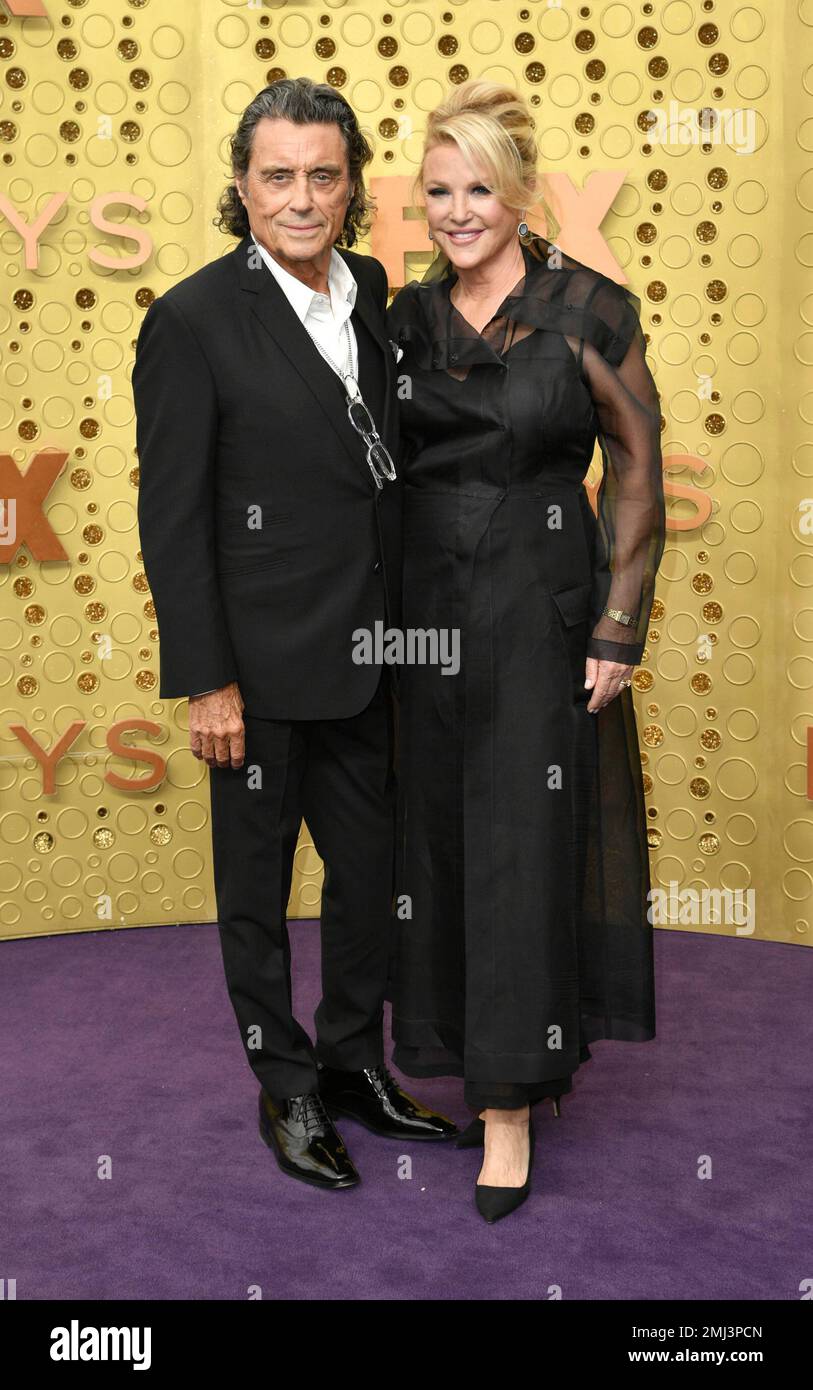 Ian McShane, left, and Gwen Humble arrive at the 71st Primetime Emmy ...