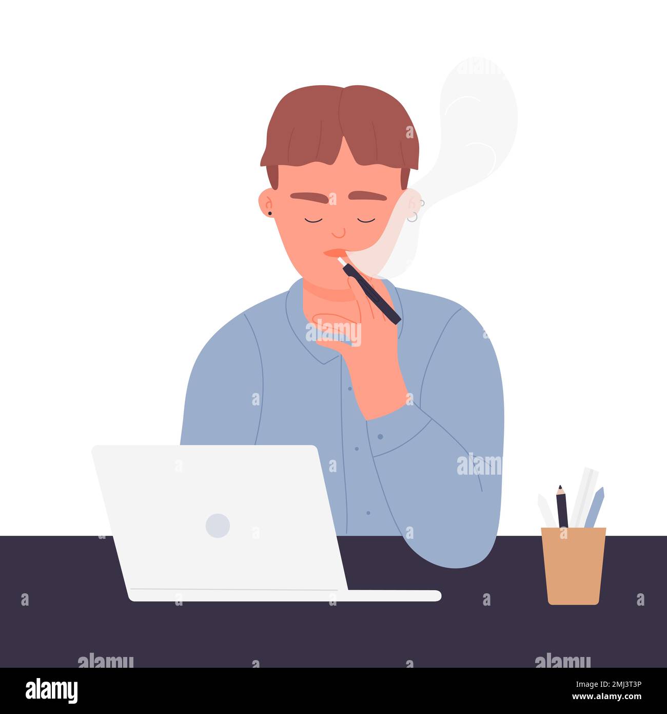 Smoking young man with laptop. Electronic cigarettes consumer vector ...