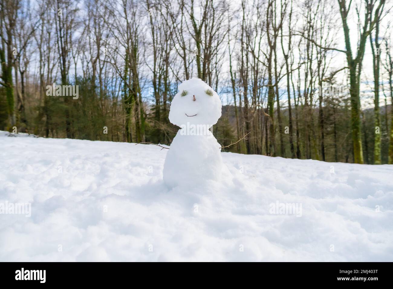 Snowman in winter in the Artikutza natural park, Gipuzkoa Stock Photo ...