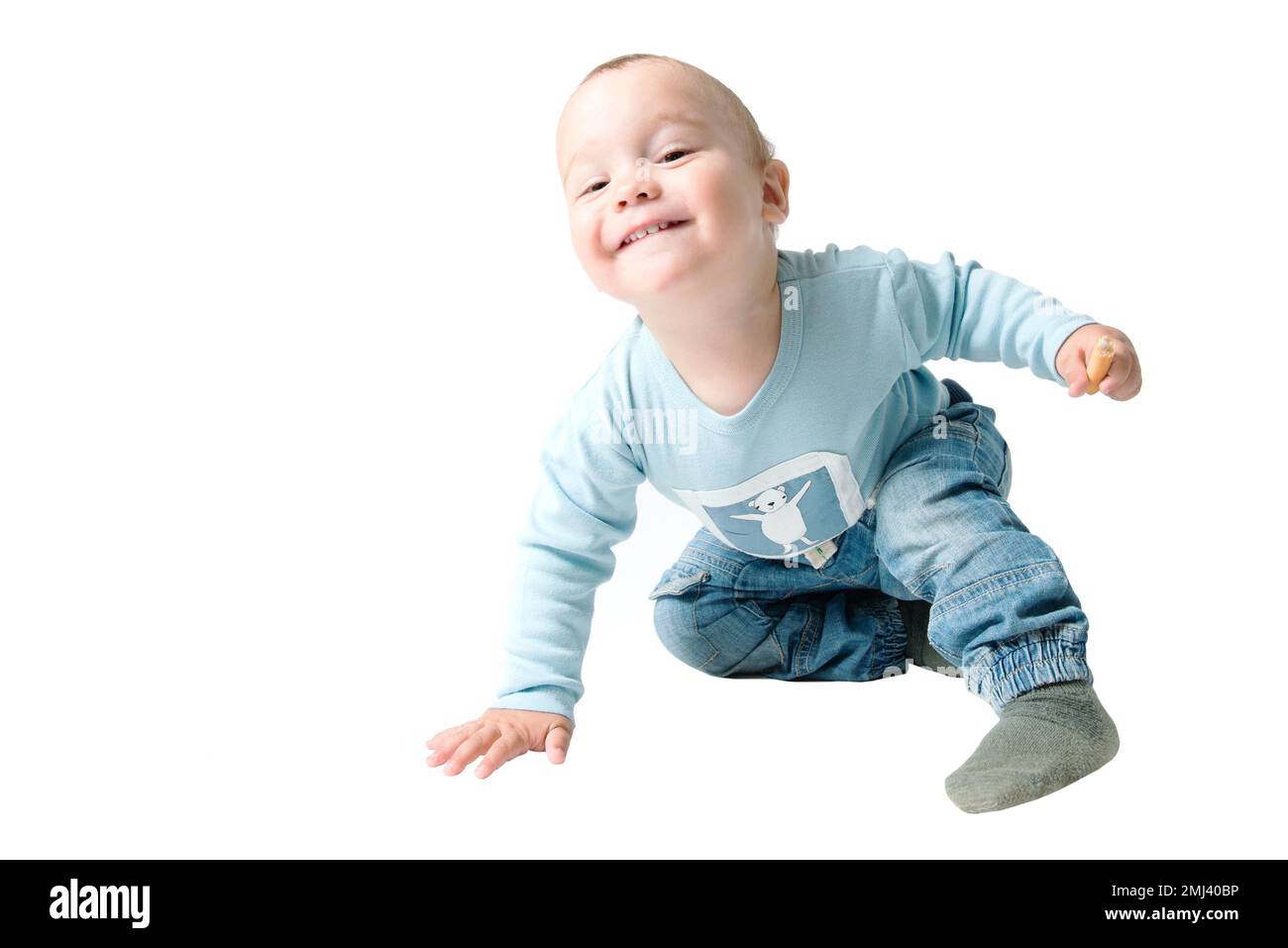 One year old kid on the floor, isolated over white background Stock ...