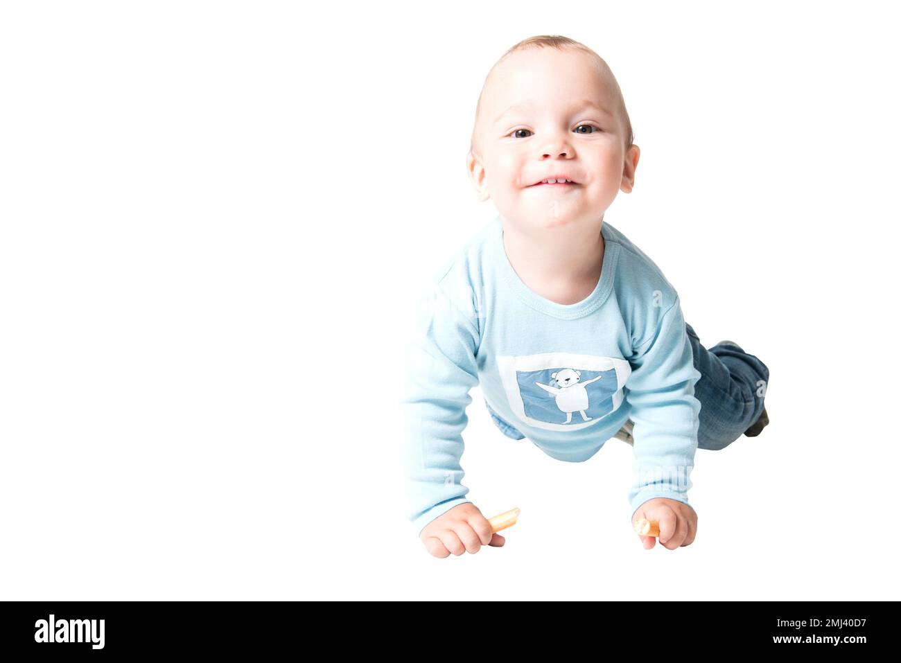 One year old kid on the floor, isolated over white background Stock ...