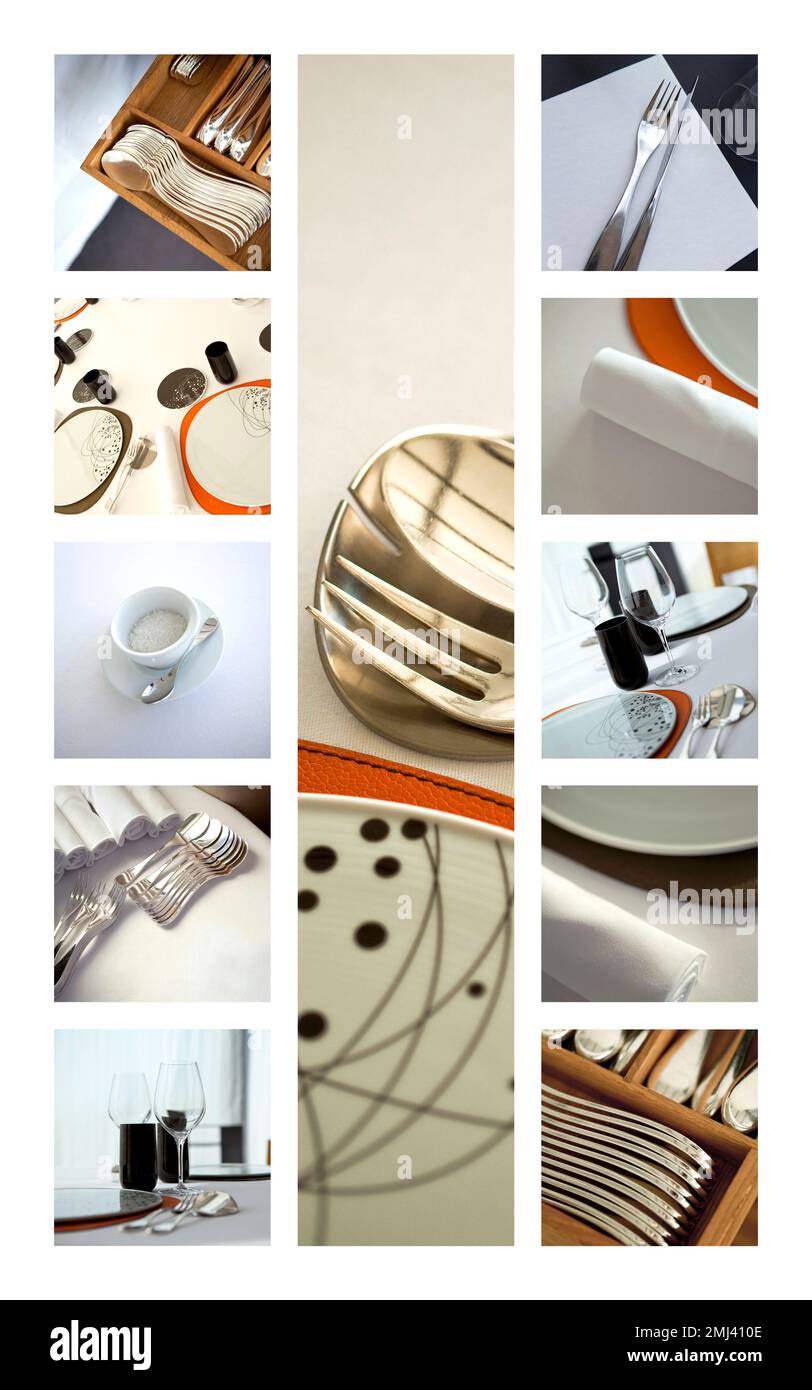 Restaurant table sets and cutleries on a collage Stock Photo - Alamy